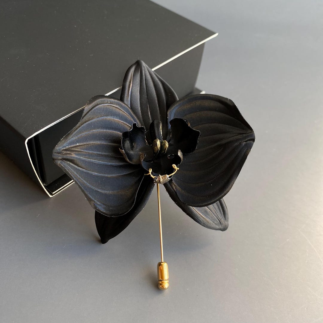 Couture Black Orchid Brooch: Handmade Flower Lapel Pin, Grooms ...