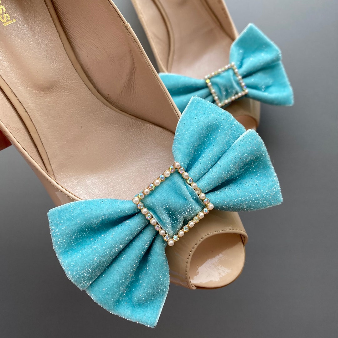 Blue Gliter Velvet Bow Shoe Clips. Gift for Her. Blush Wedding Bridal ...