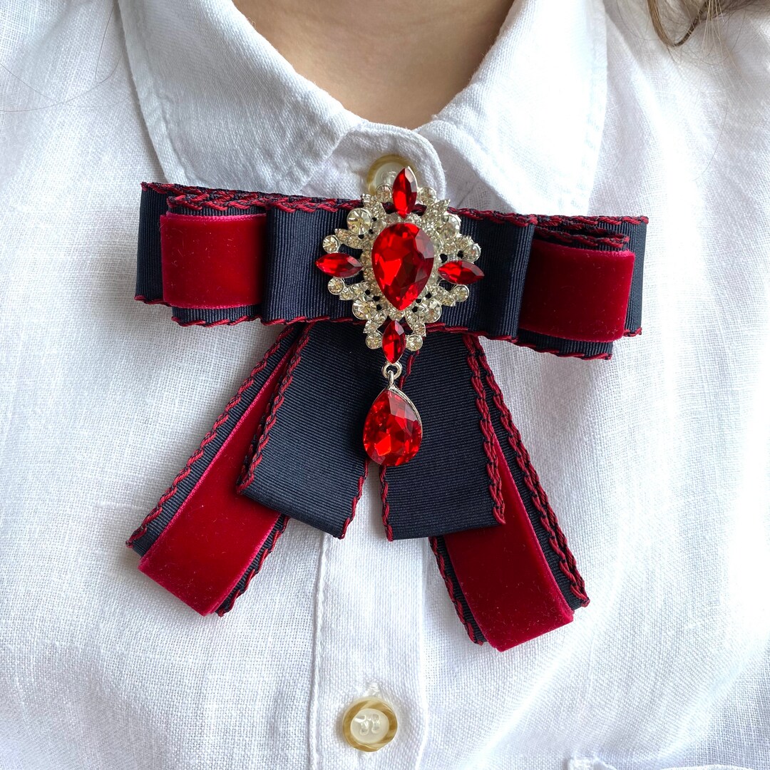 Velvet Navy, Red Bow Tie Brooch. Gift for Her. - Etsy