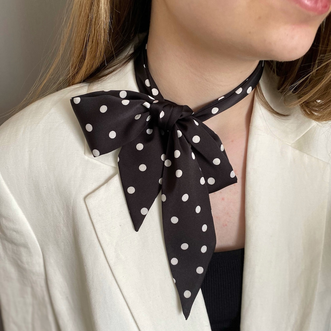 Skinny Scarf for Women in Black With White Dots. Black Silk Bow Scarf ...
