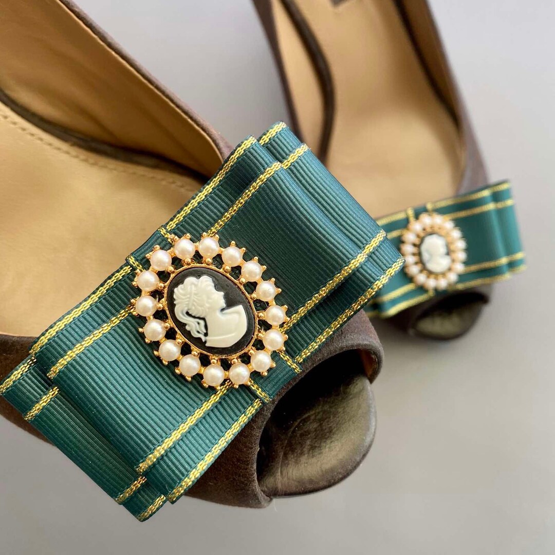 Green Bow Shoe Clips With Pearls and Cameo. Vintage Style Shoes Clips ...