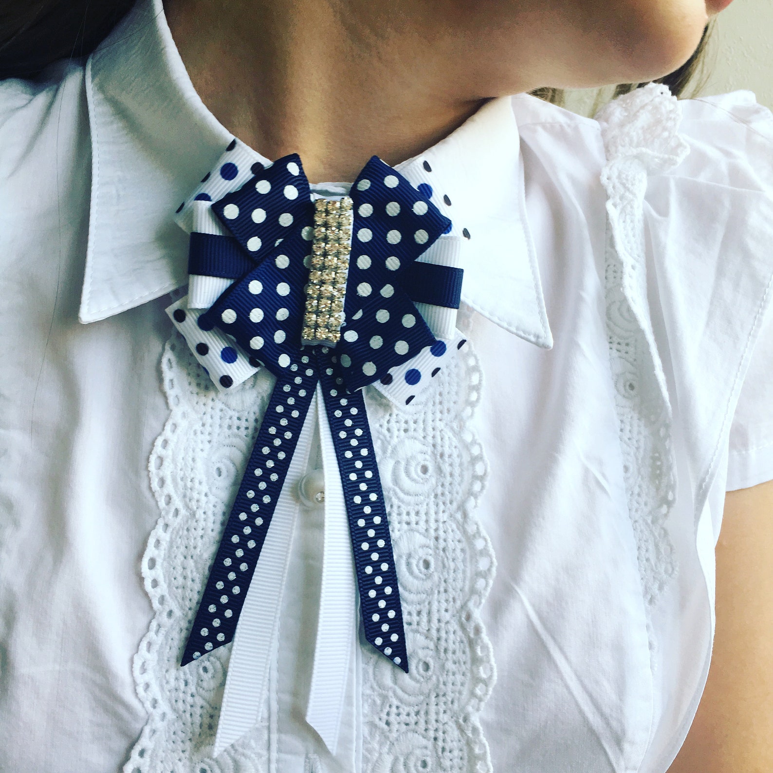 Blue Ribbon Textile Brooch. Navy Polka Dots Bow Brooch Tie. - Etsy