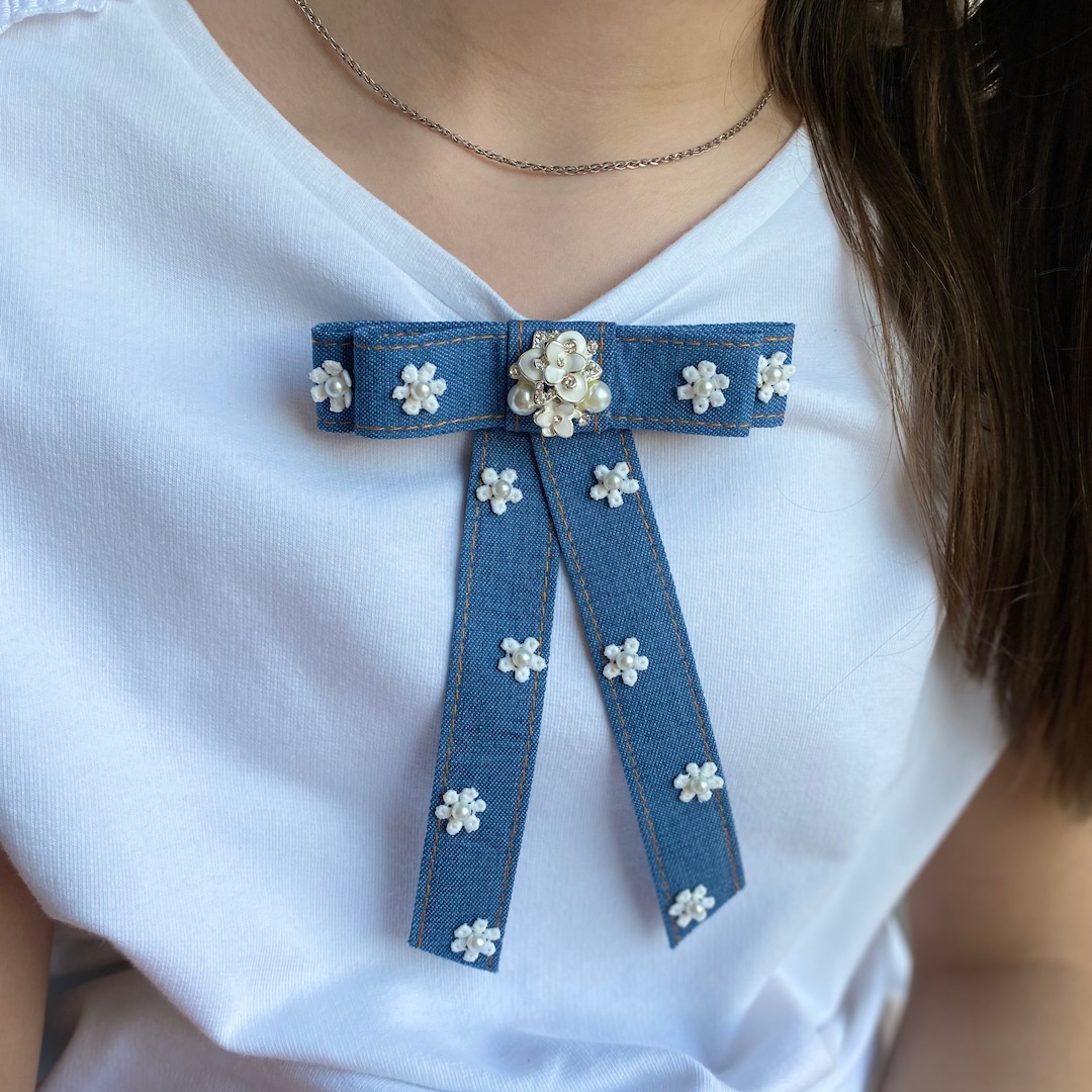Broche en jean avec perles. Nœud papillon western pour femme. Cadeau ...