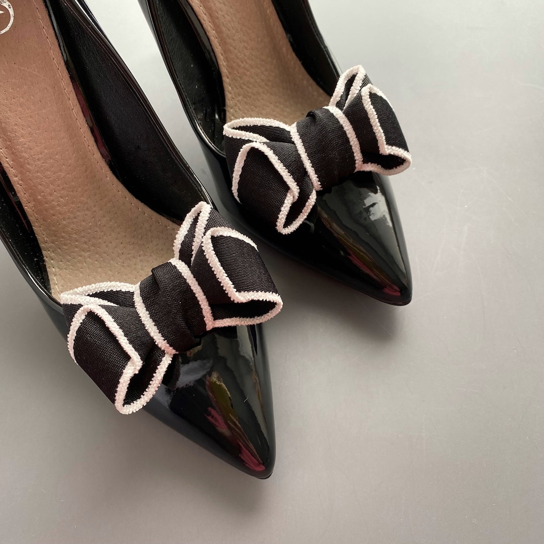 Black Striped Ribbon Bow Shoe Clips. Set of Two. Gift for Her. Shoe ...