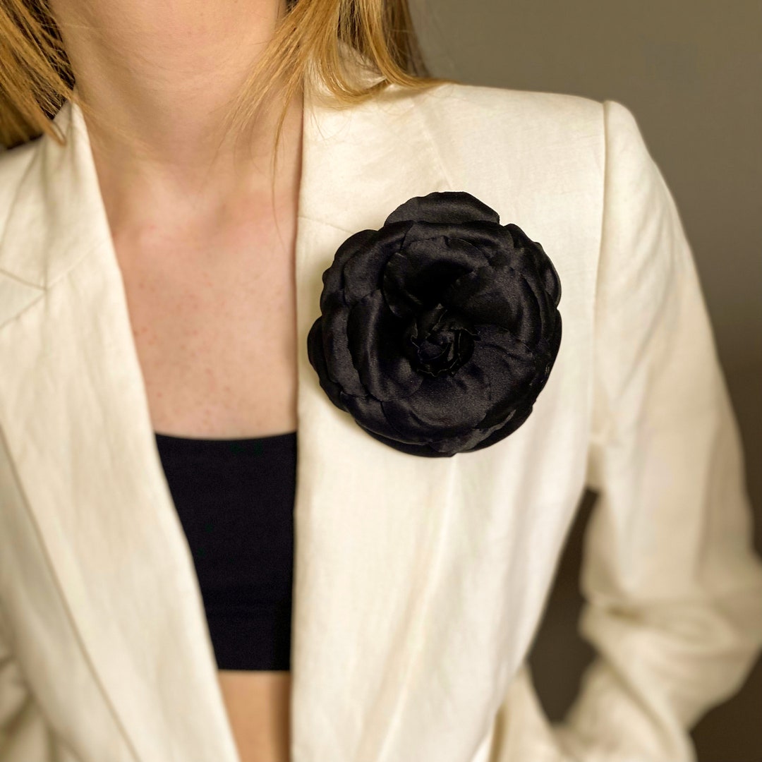 Black Camellia Satin Flower Brooch - Handcrafted Statement Pin for ...