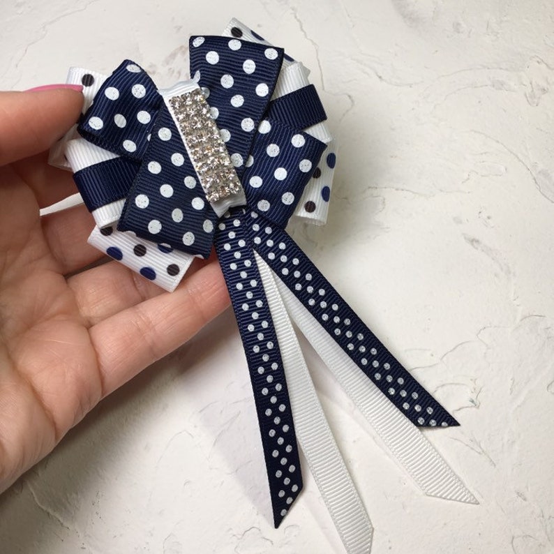 Blue Ribbon Textile Brooch. Navy Polka Dots Bow Brooch Tie. | Etsy