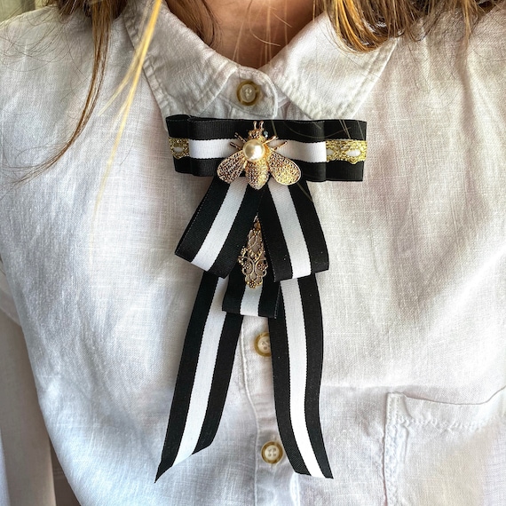 Bow Brooch Tie Black and White With Bee. Insect Jewelry. Fly - Etsy