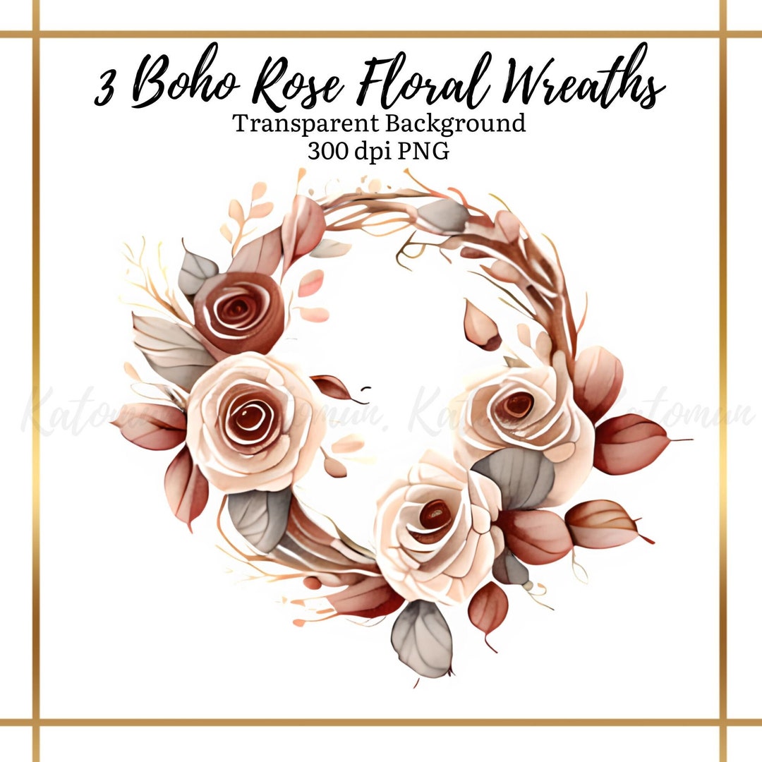 Boho Rose Flower Wedding Wreath Clipart, Boho Wreaths, Wedding ...