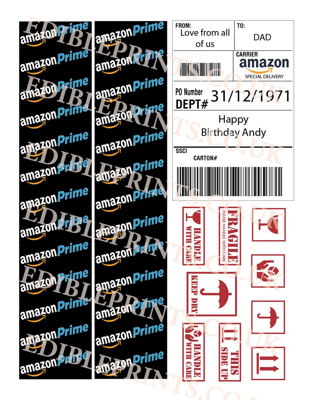 Edible (icing or Wafer, Rice Card) Labels for Amazon Cake. Personalised ...