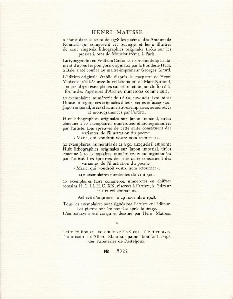 Henri Matisse, Florilege Des Amours, Lithograph 1970, Numbered Edition ...