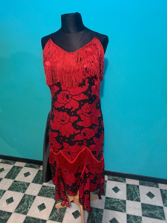 1920's Flapper Costume Red and Black with Fringe - Gem
