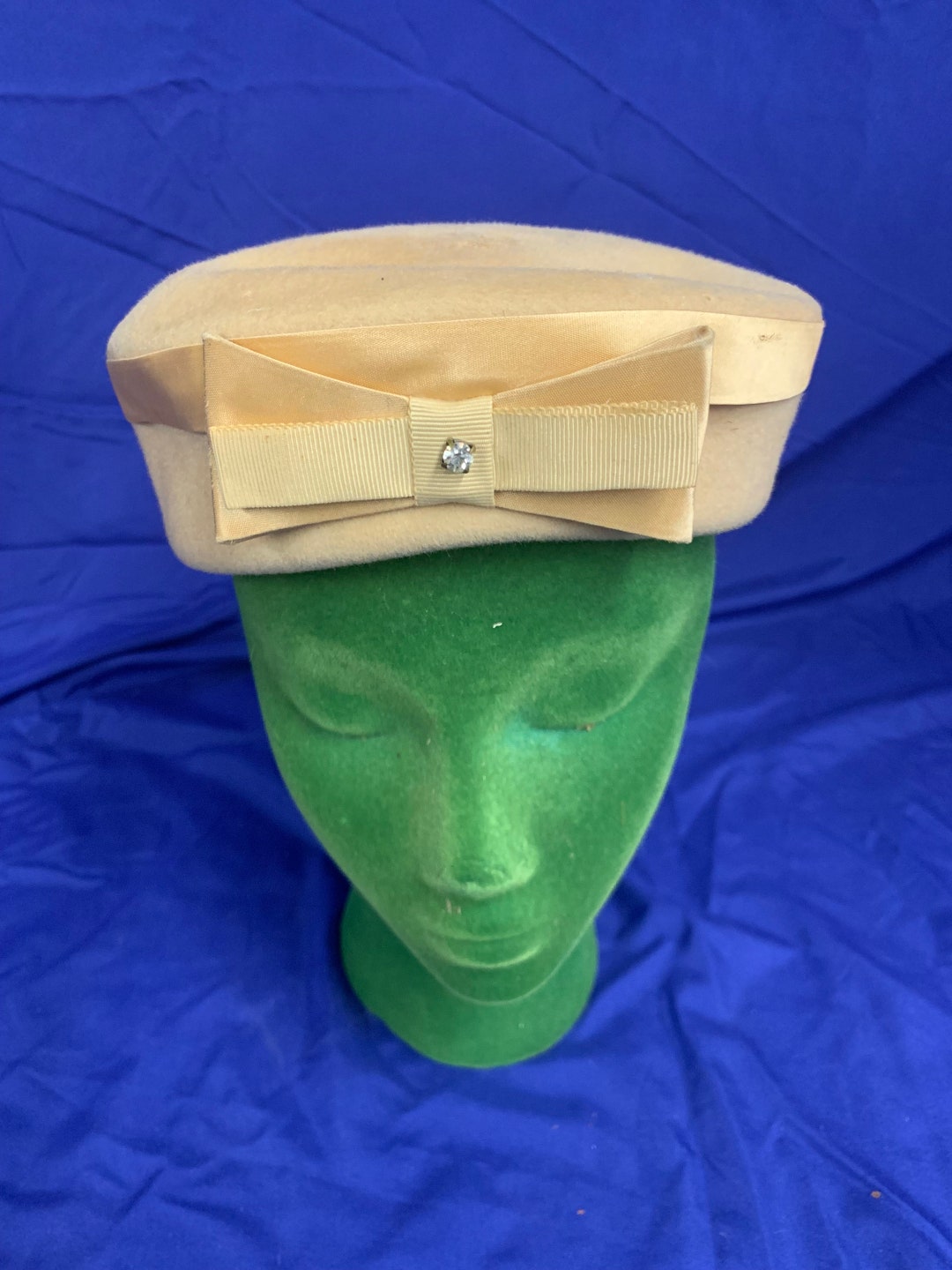 1960's Cream Felt Pill Box Hat Camel Color With Satin Ribbon and ...