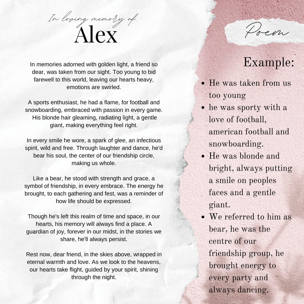 CUSTOM Poem/eulogy for Funeral, Customised Poem, Tribute/memorial for ...