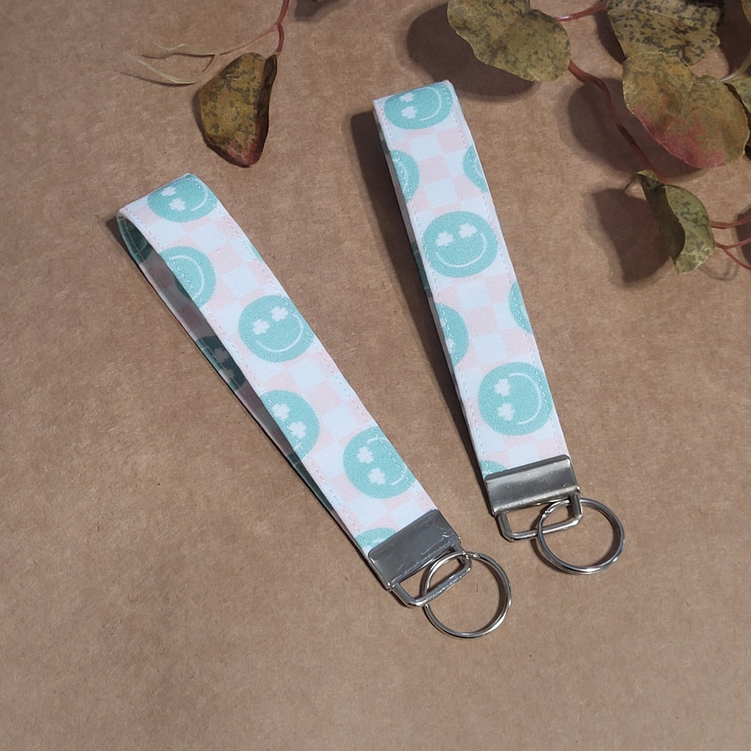 Smiley Shamrock Keychain, Add Name Fabric Keychain Fob, Lucky Emoji ...