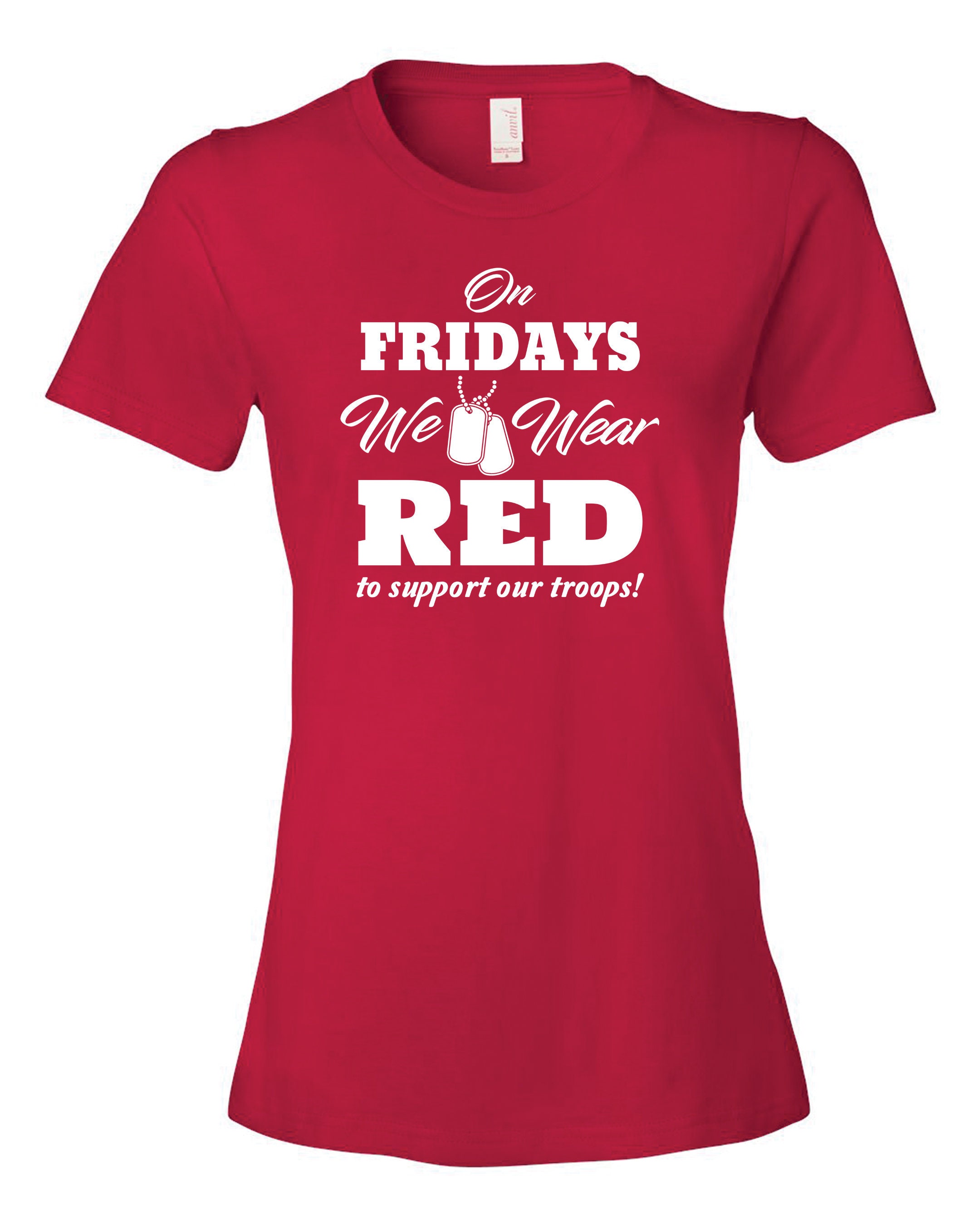 On Fridays We Wear Red Ladies Cut Red-white Crew Neck T-shirt. ** No ...