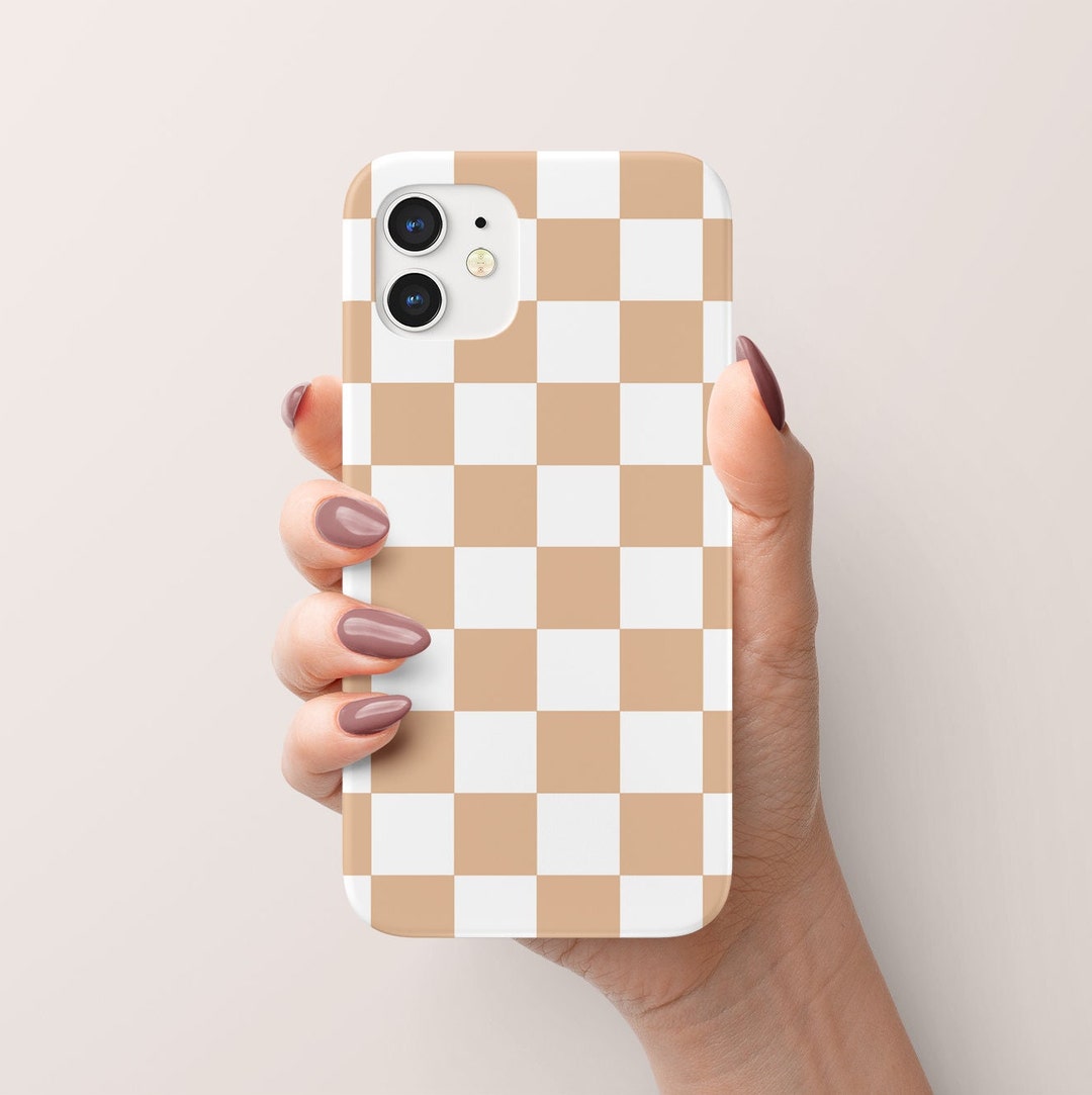 Retro Nude Tan White Checker Boho Aesthetic Phone Case | Personalized ...