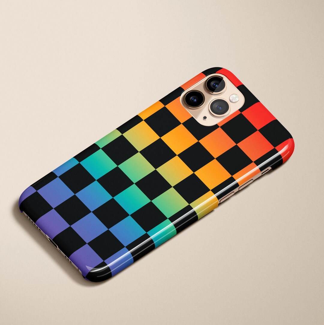 Checker Phone Case Aesthetic Geometric Black Rainbow Ombre Plaid iPhone ...