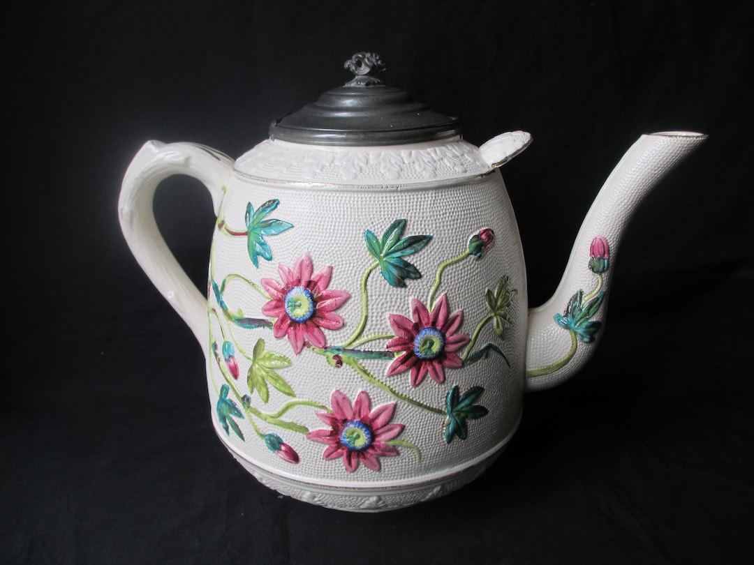 Rare 19th Century Victorian Tea Pot, Hand Painted Floral, Pewter Lid - Etsy