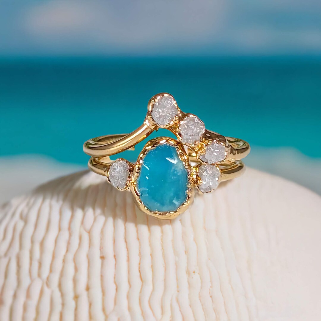 Raw Peruvian Opal and Diamond Ring Set: 14k Gold Alternative Engagement ...