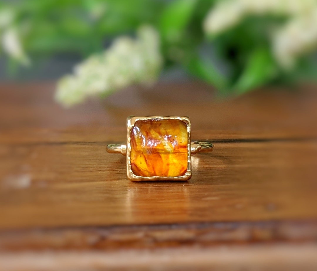 Square Baltic Amber Ring, Gold Cocktail Ring, Amber Jewelry, Natural ...