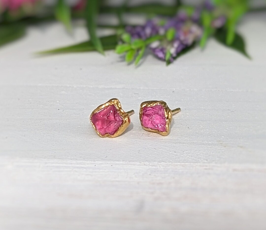 Pink Spinel Stud Earrings, Raw Pink Spinel Earrings, Pink Crystal ...