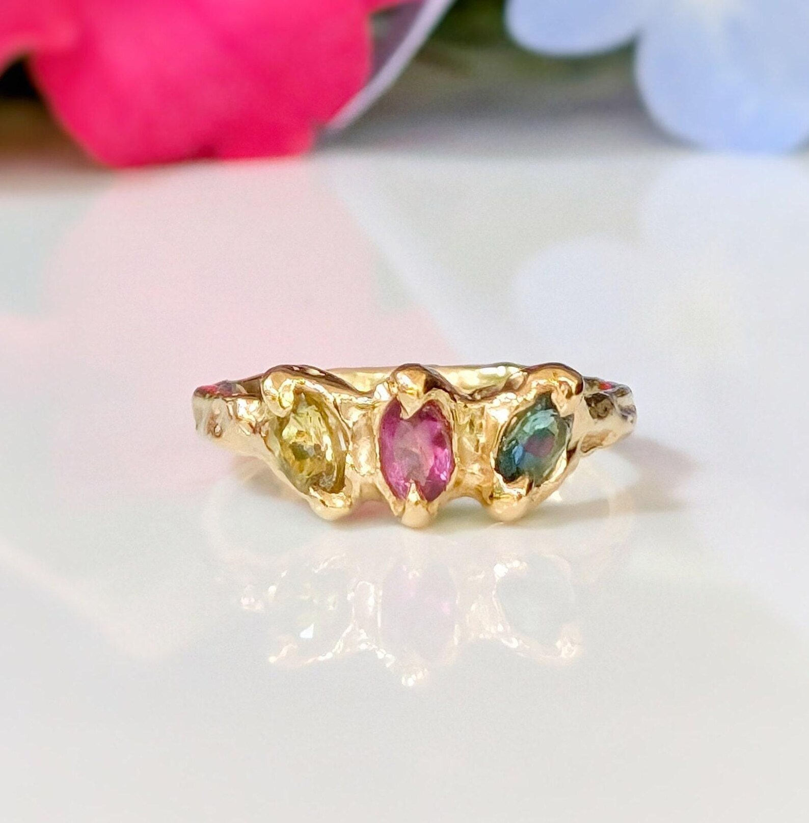 Solid Gold Tourmaline Ring, Multi Tourmaline Ring, 3-stone Ring, Gold ...