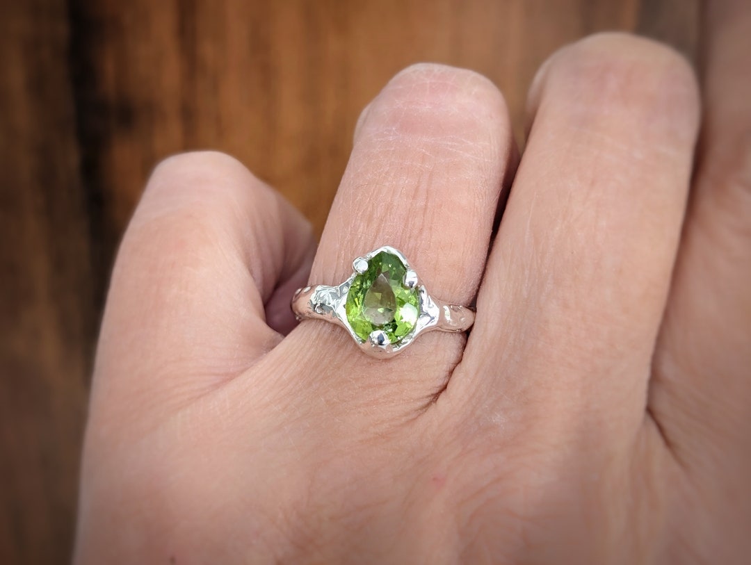 Pear Shape Peridot Ring, One of a Kind Gemstone Ring, Rustic Silver ...