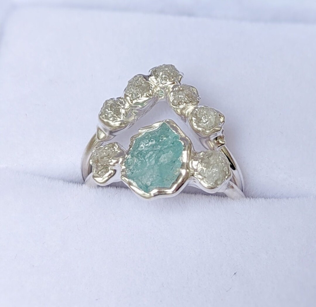 Raw Aquamarine and Raw Diamond Wedding Ring Set, Silver Raw Diamond ...