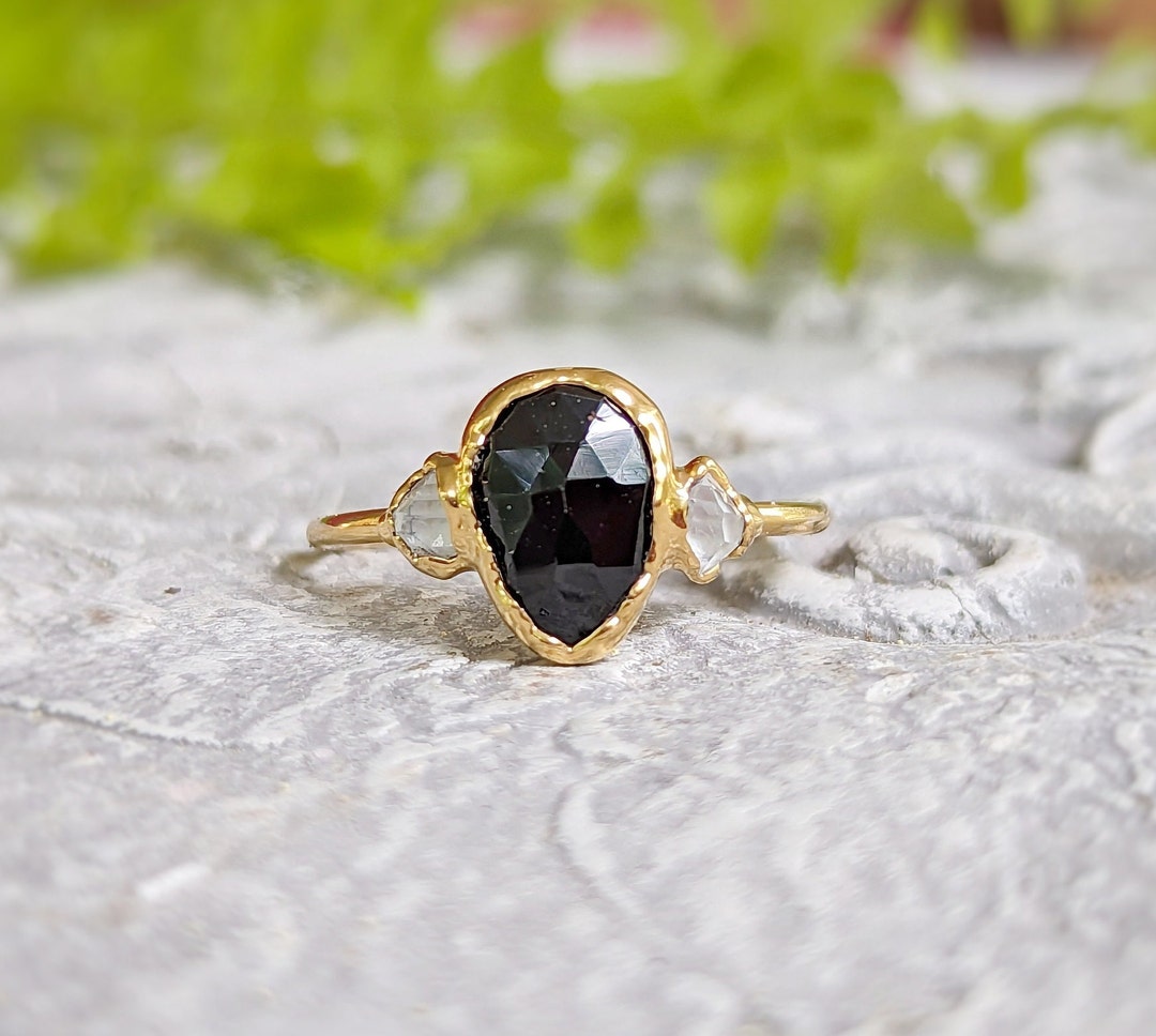 Black Spinel and Diamond Ring, Black Crystal Ring, Black Spinel Ring ...