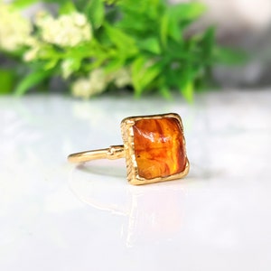 Square Baltic Amber Ring, Gold Cocktail Ring, Amber Jewelry, Natural ...