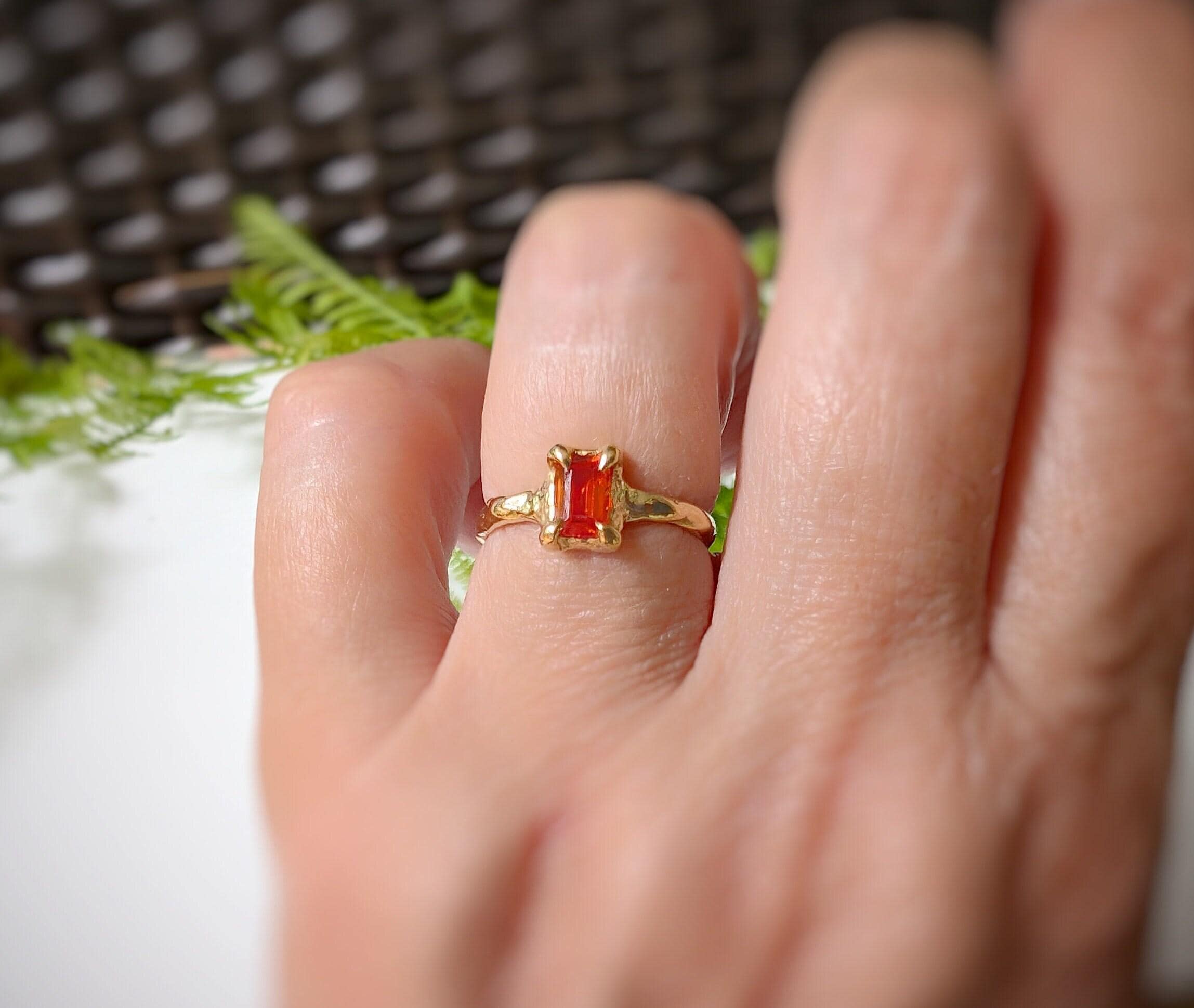Orange Sapphire Ring in Solid 14k Gold, Organic Molten Textured Ring ...