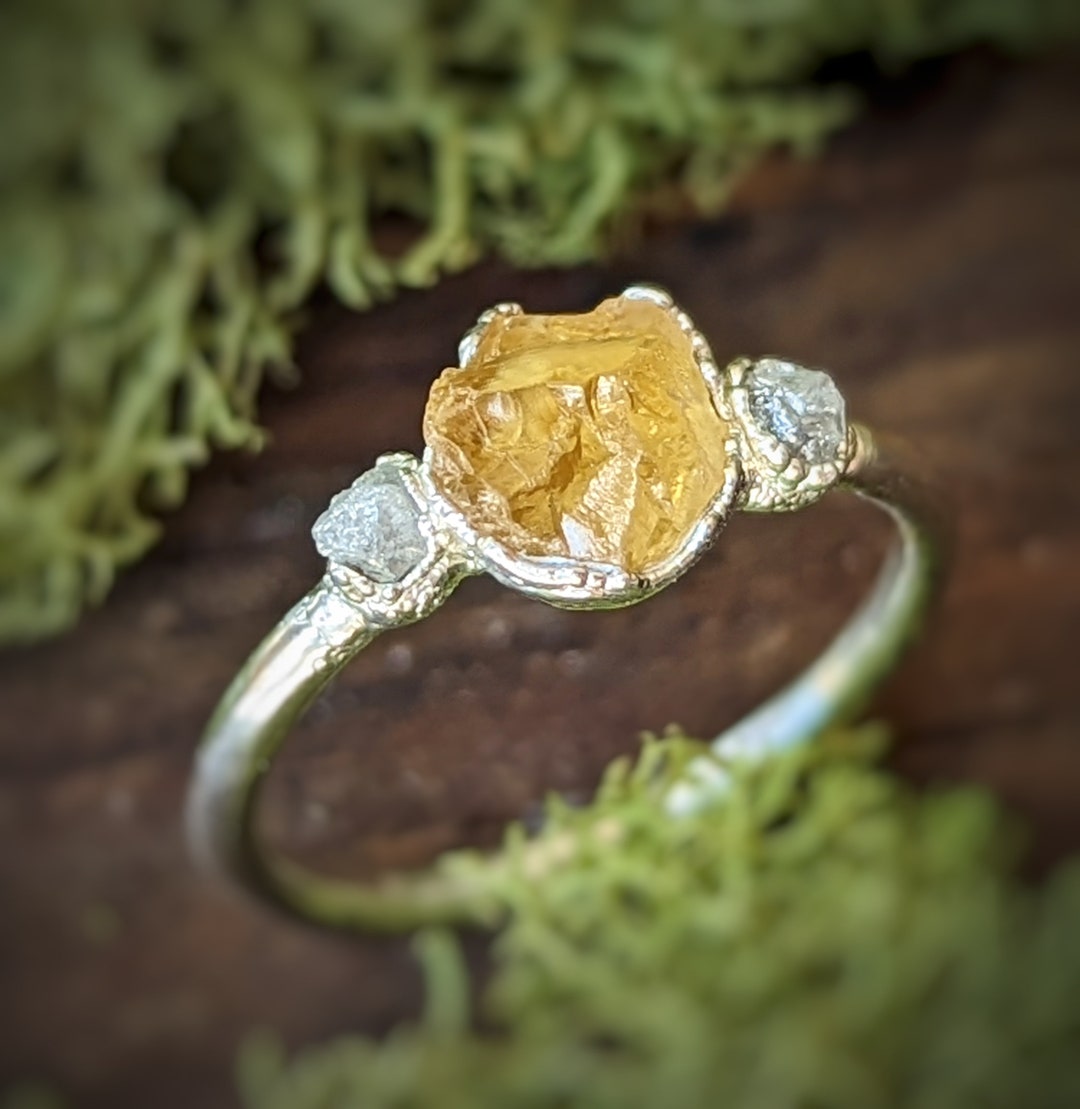 Raw Citrine and Diamond Ring November Birthstone Ring Raw - Etsy
