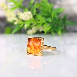 Square Baltic Amber Ring, Gold Cocktail Ring, Amber Jewelry, Natural ...