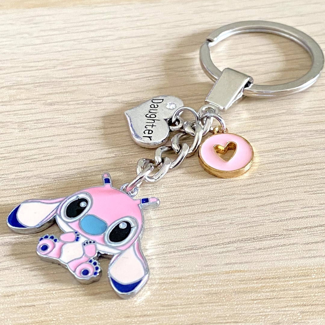 Lilo and Stitch Angel Charm Keyring With Daughter Heart Charm Keychain ...