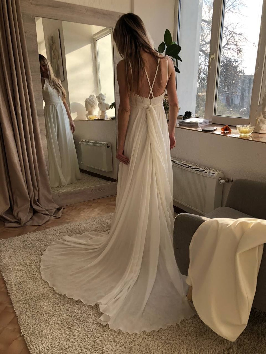 Linen Wedding Dress With Handmade Embroidery Boho Bridal - Etsy