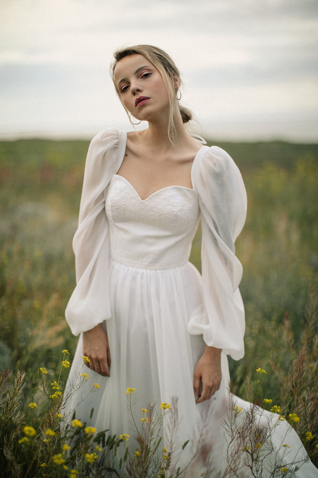 Modest Wedding Dress With Exquisite Bishop Sleeves in Linen and Chiffon ...