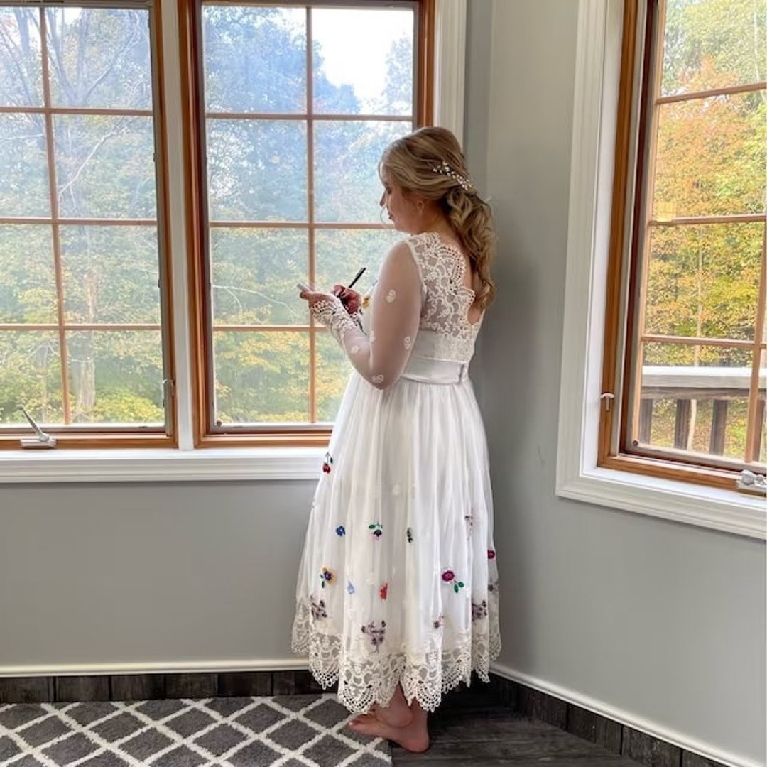 Midi Lace Wedding Dress Color Embroidered Wedding Dress - Etsy