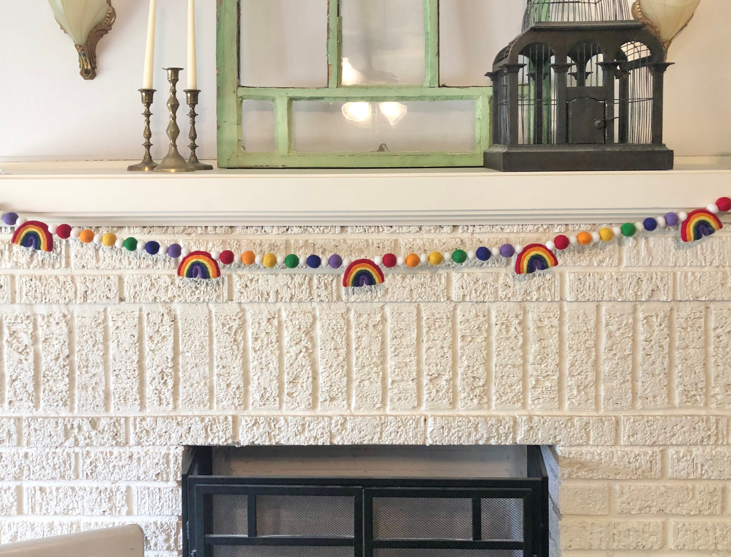 Wool felt ball Rainbow Fireplace Mantle Wall Garland | Etsy