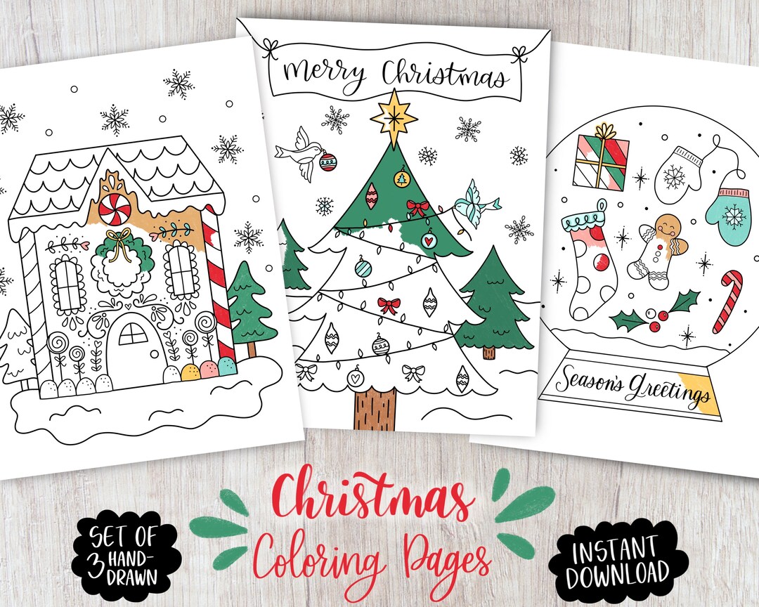 Christmas Coloring Pages - Set of 3 | Printable Coloring Sheets | Hand ...