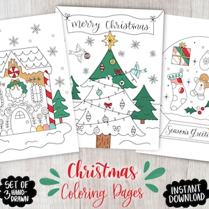 Christmas Coloring Pages - Set of 3 | Printable Coloring Sheets | Hand ...