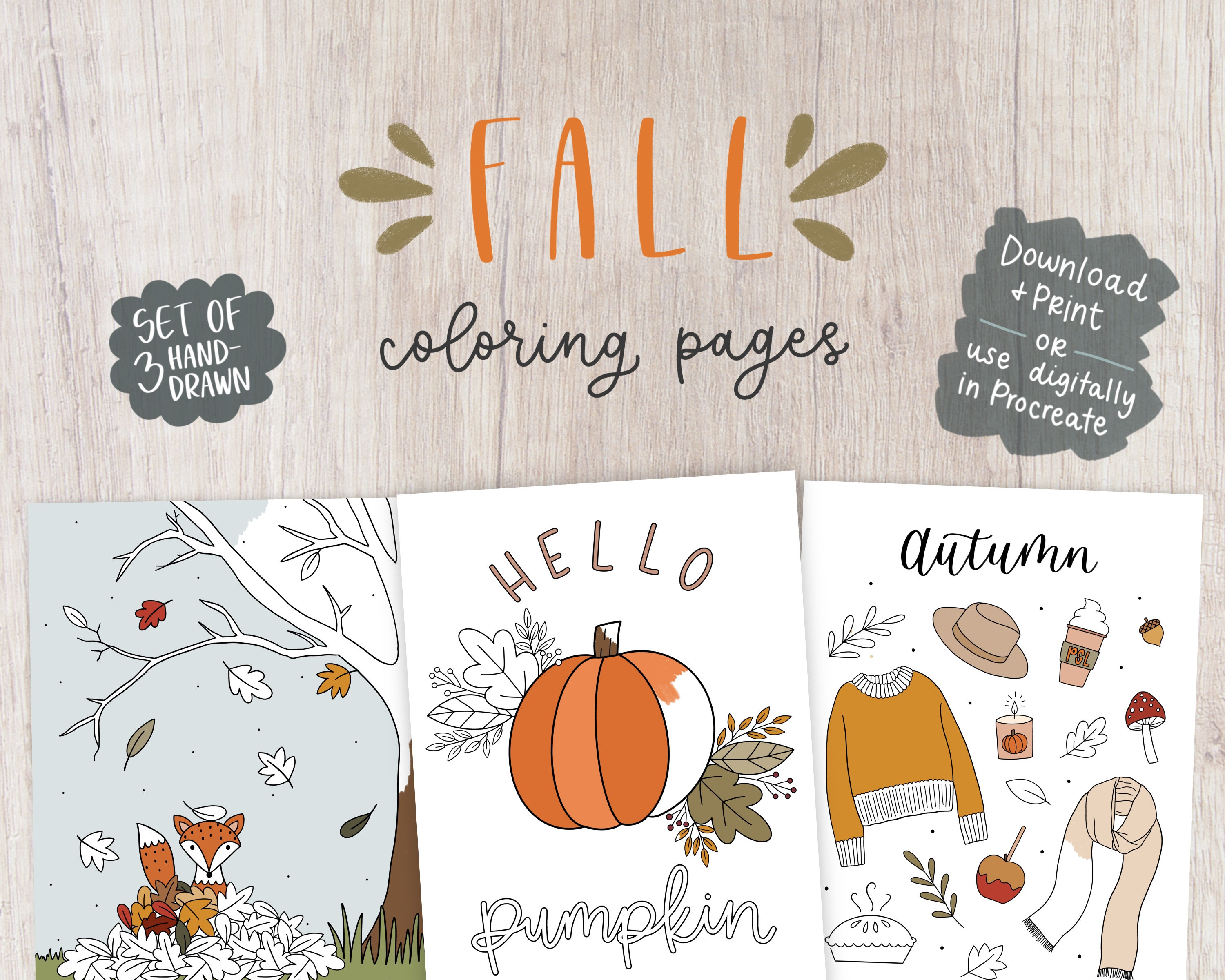 FALL COLORING PAGES | Hand Drawn, Printable, Digital Coloring Sheets ...