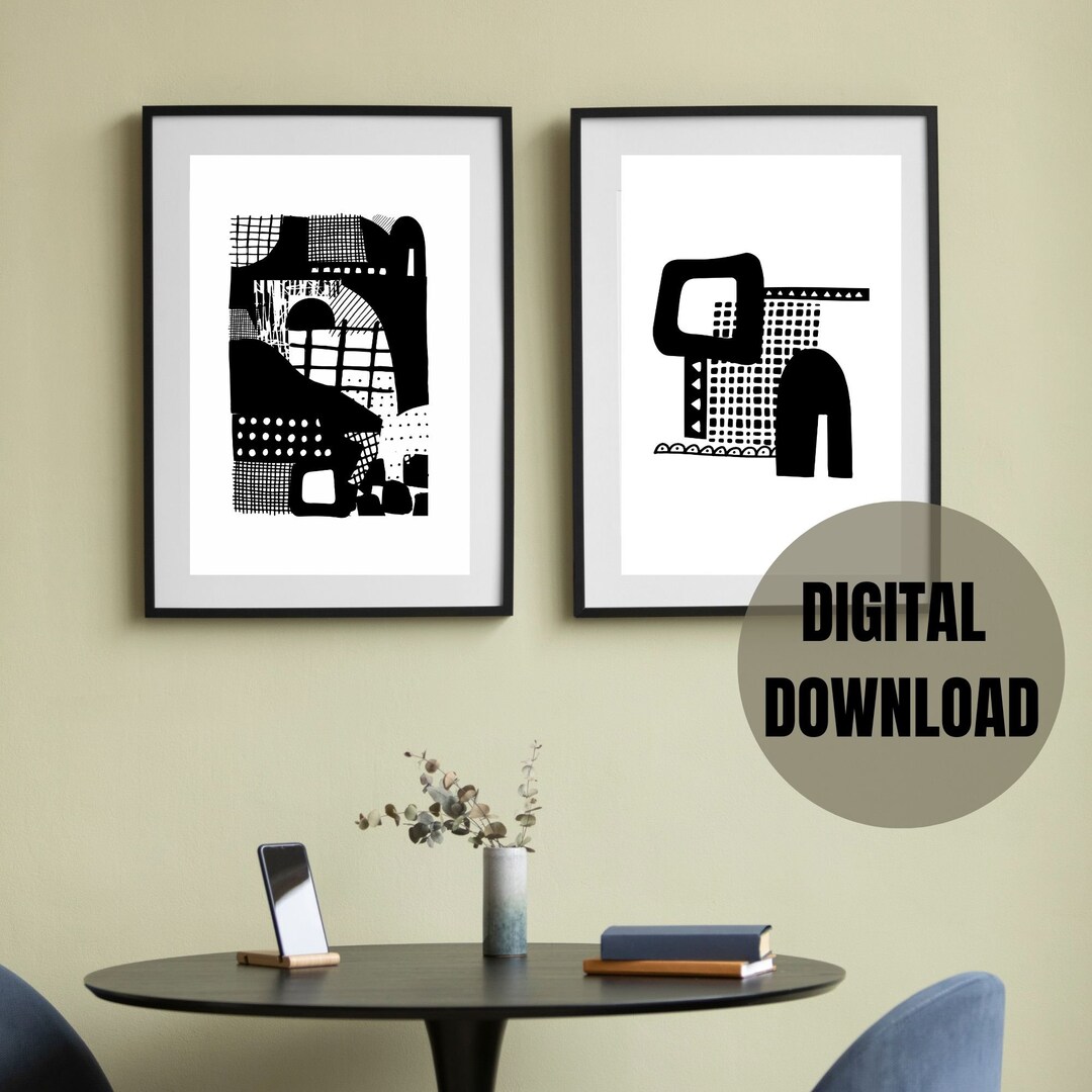 Set of 2 Abstract, Black and White Abstract, Modern Wall Art, Printable ...