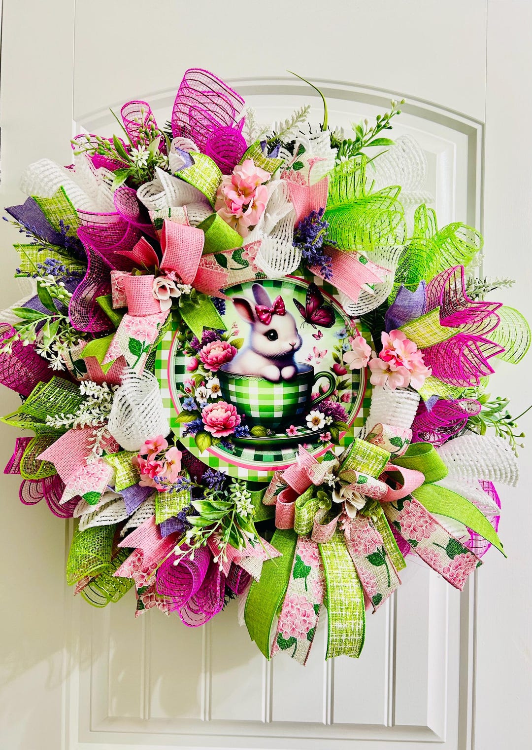 Spring Bunny Tea Cup Wreath, Easter Bunny Wreath, Spring Cottage Wreath ...