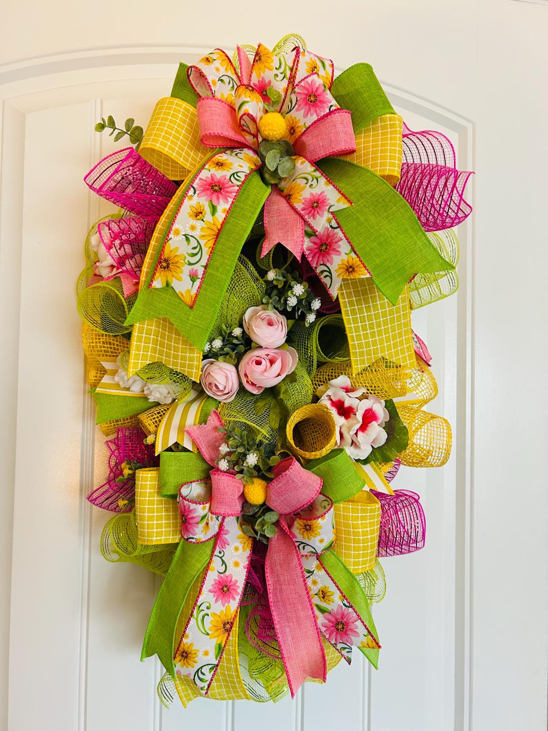 Spring Wreath for Front Door, Spring Swag With Geraniums, Spring Tea ...