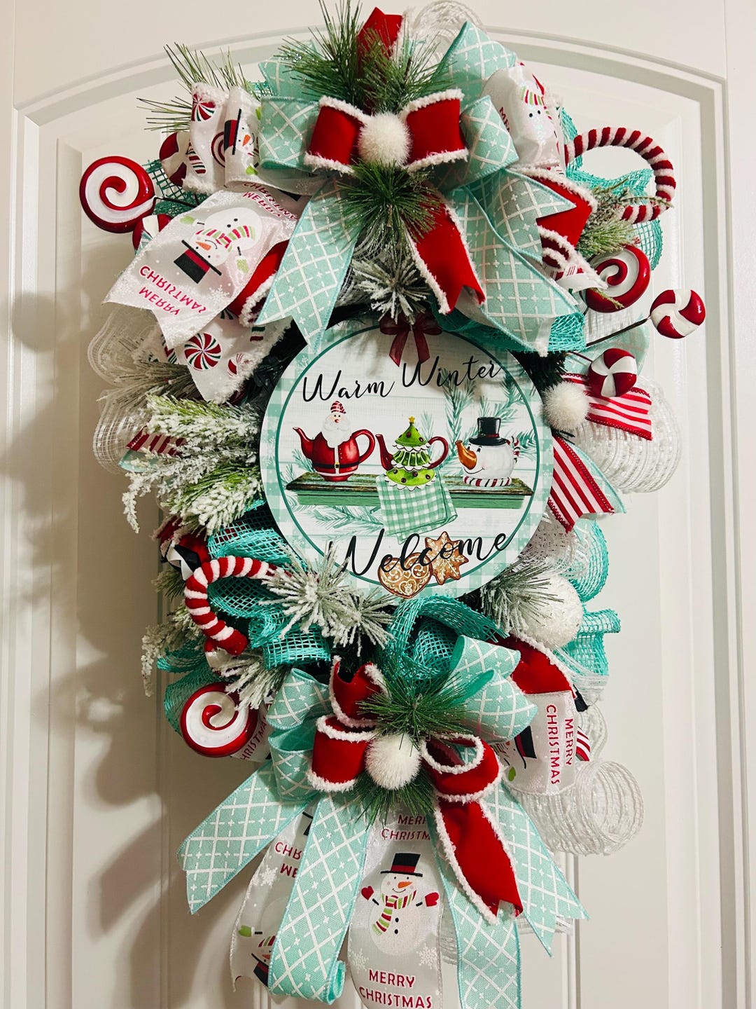 Snowman Tear Drop Swag, Snowman Teapot Swag, Christmas Candy Cane Swag ...