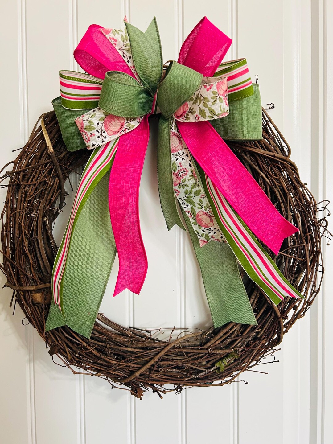 Bow, Cottage Bow, Bow for Wreath, Floral Cottage Wreath Bow, Pink and ...