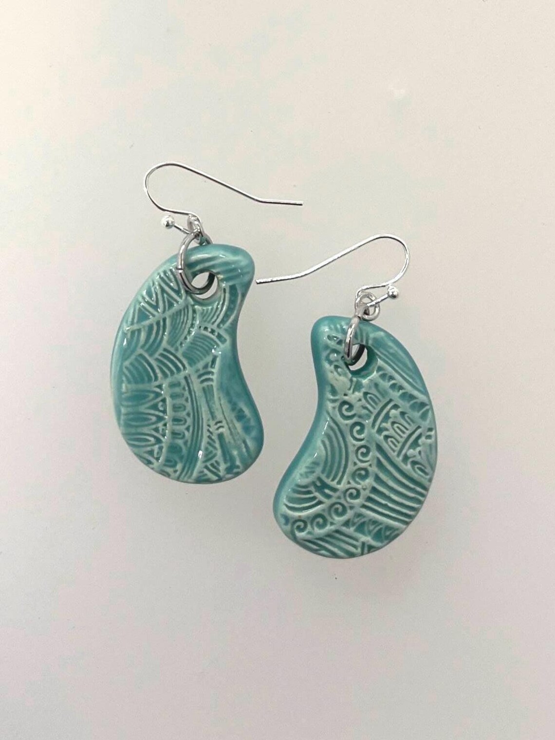 Light Turquoise Curved Drop Ceramic Earrings With Linear Boho Design - Etsy