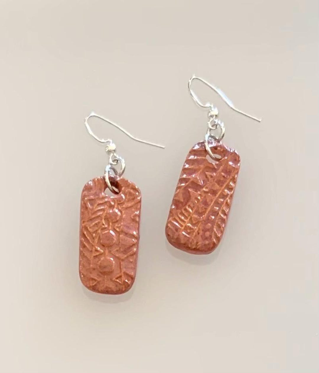 Peach Quartz Rectangular Ceramic Earrings With Tribal Wave Pattern ...