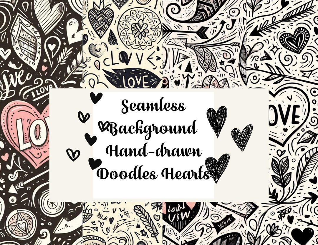 Seamless Valentine Doodles Digital Paper - 8 Pages of Hand-drawn Hearts ...