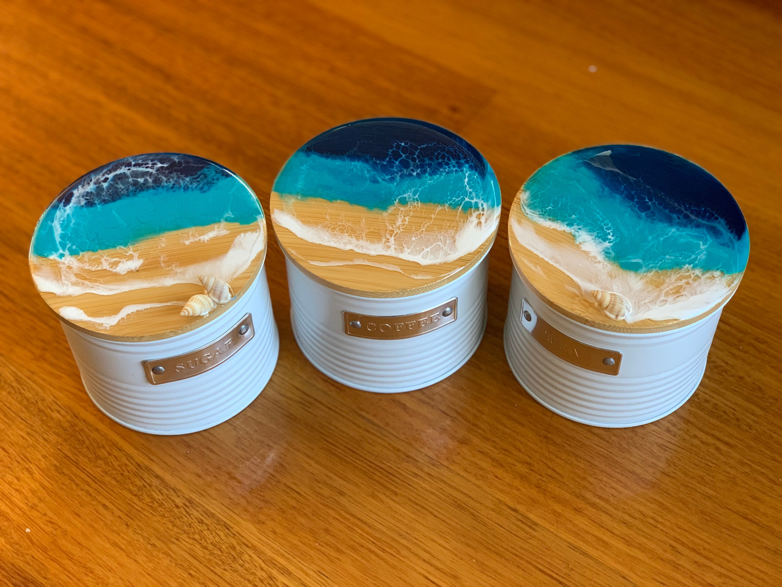 Set of 3 Canisters Ocean Resin Waves Coffee tea Sugar | Etsy